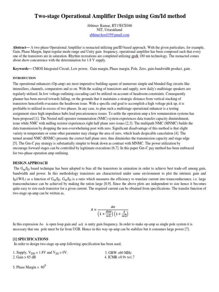 Two-Stage Operational Amplifier Design Using Gm/Id Method | PDF ...