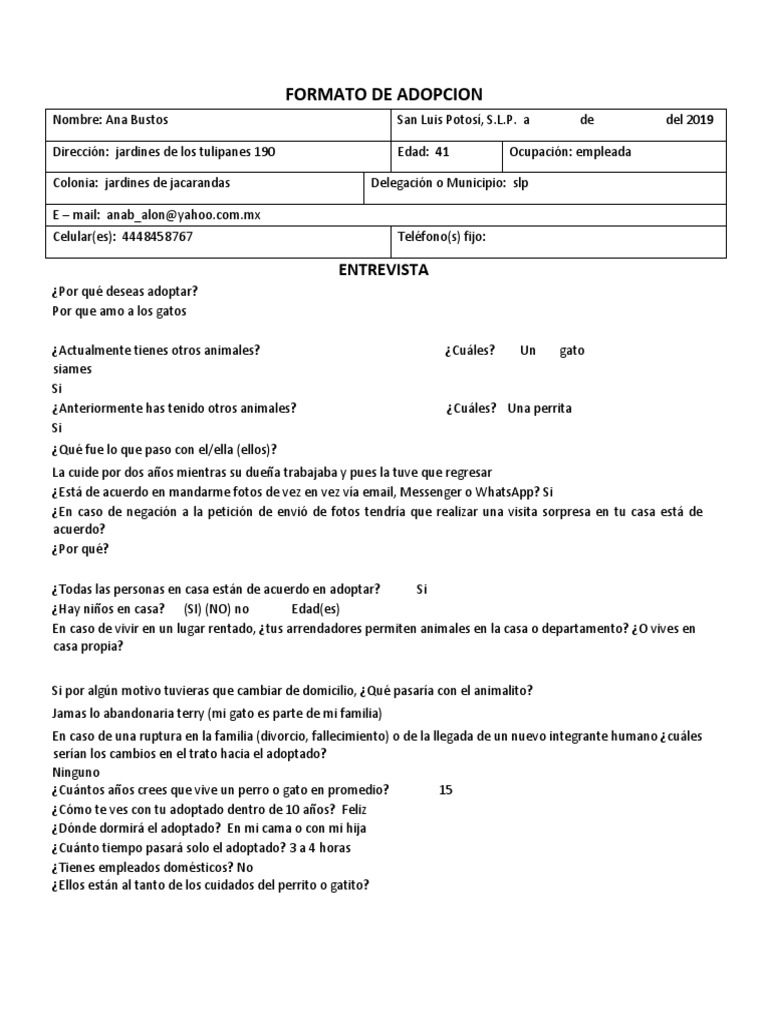 Formato y Entrevista de Adopcion | PDF | Adopción | Gatos