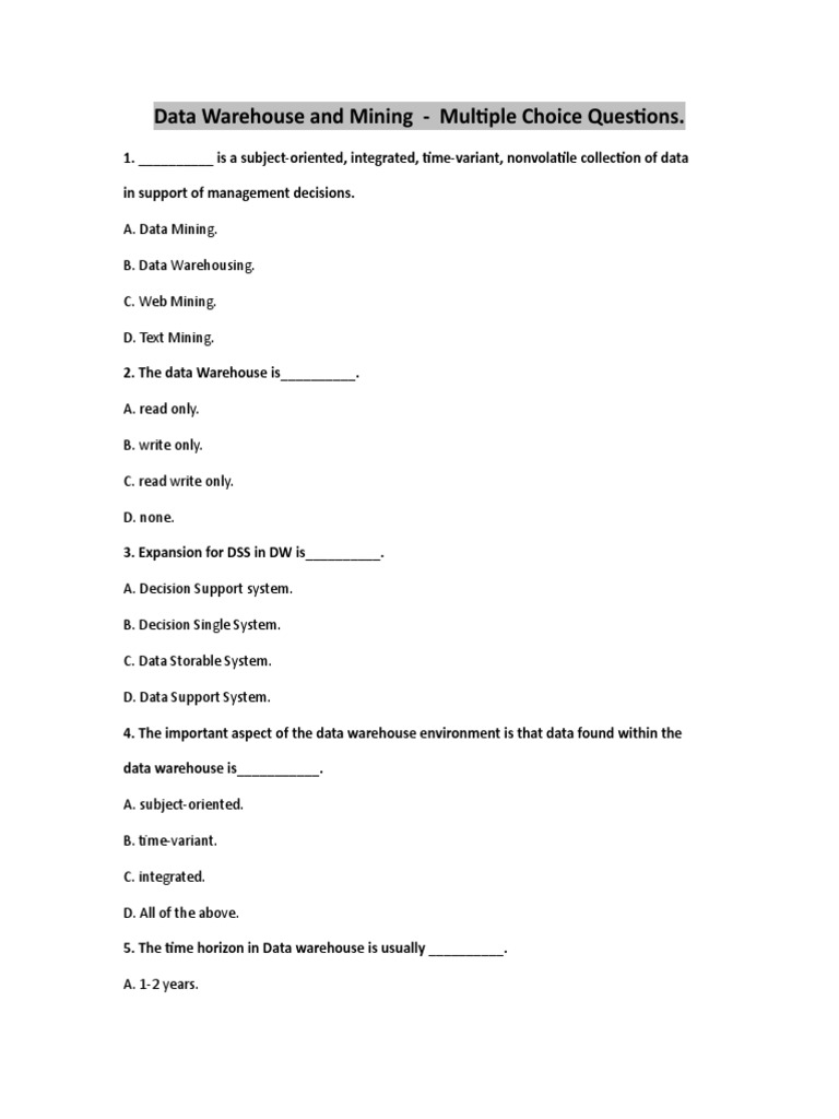 Data Warehouse and Mining - Multiple Choice Questions | Download Free ...