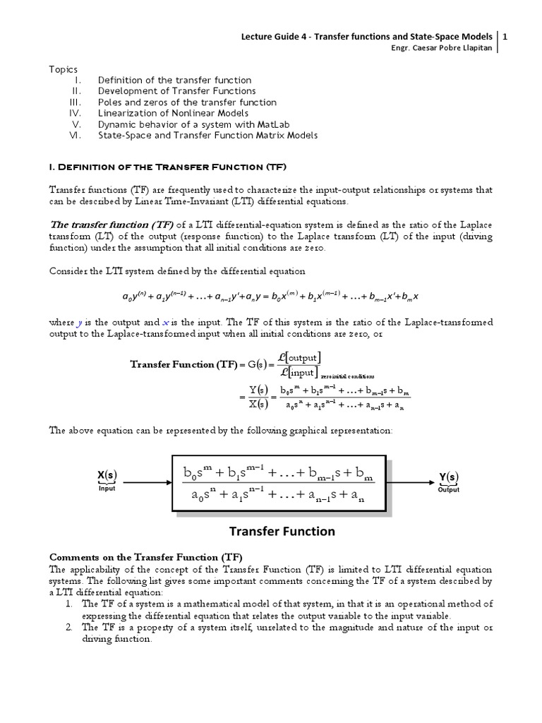 Lecture Guide 4 Transfer Function And State Space Models Pdf