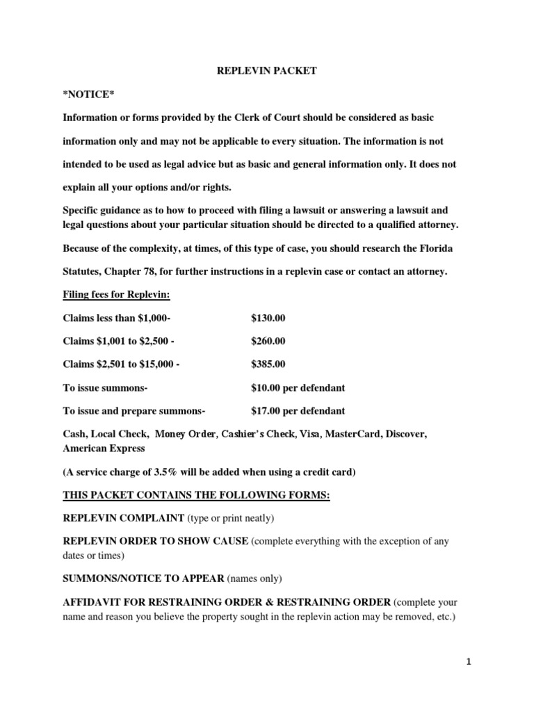 Replevin Packet | Download Free PDF | Service Of Process | Complaint