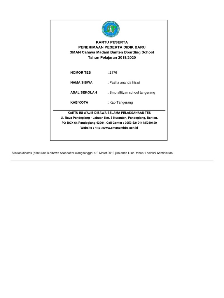 Kartu Tes PPDB SMAN CMBBS | PDF