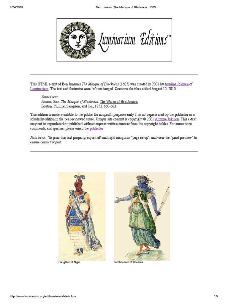 Ben Jonson. The Masque of Blackness. 1605 | PDF | Nature