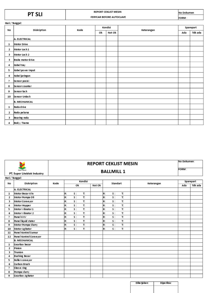 Form CEKLIST, Perawatan, 2018 | PDF
