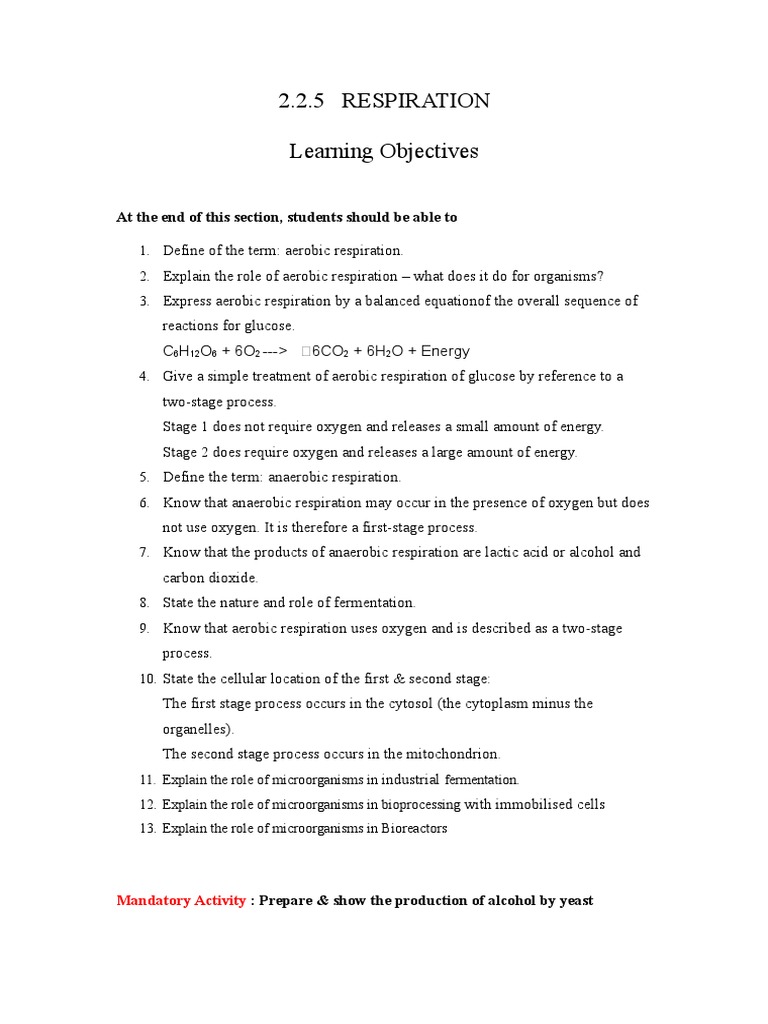 Respiration Learning Outcomes | PDF