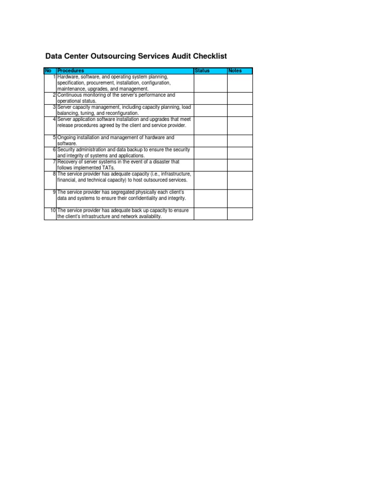 Data Center Outsourcing Services Audit Checklist | PDF
