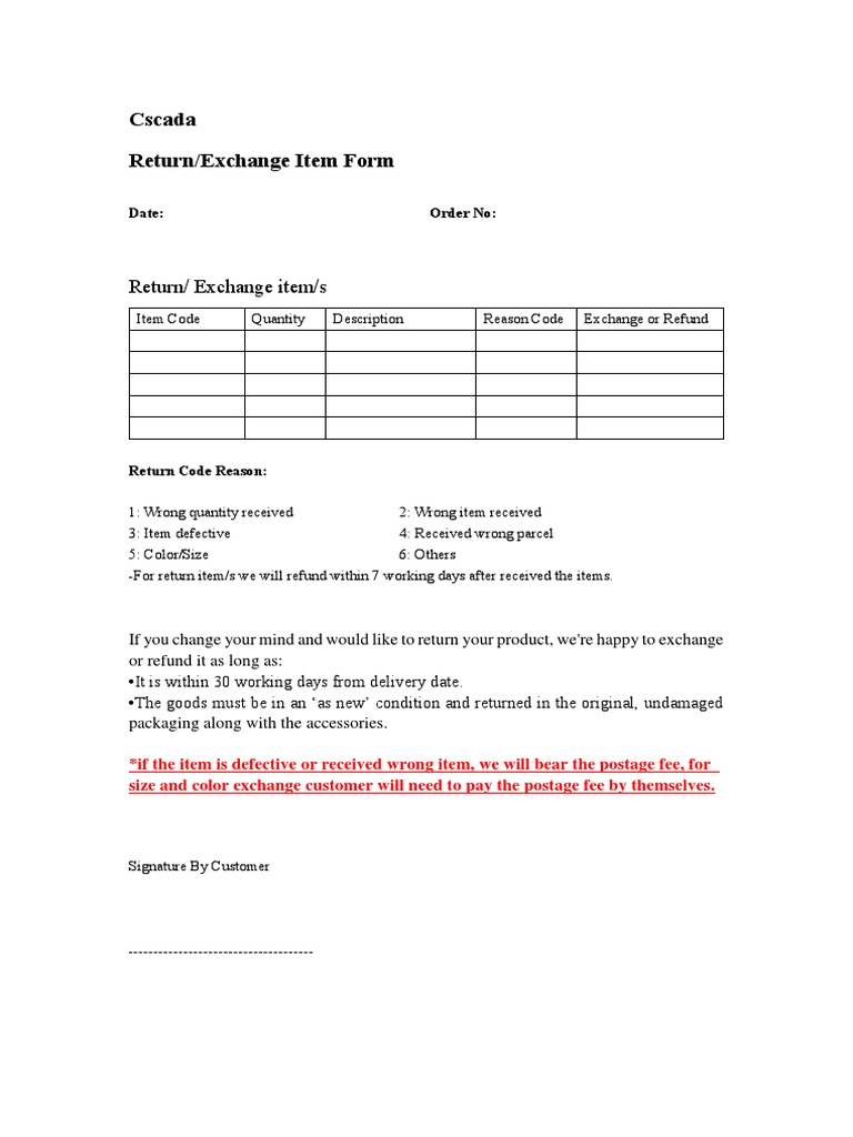 Cscada Return/Exchange Item Form | PDF