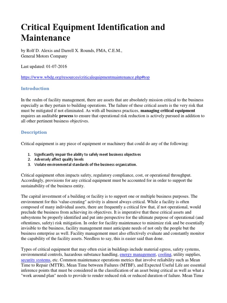 Critical Equipment Maintenance Guide | PDF | Risk | Mechanical Engineering