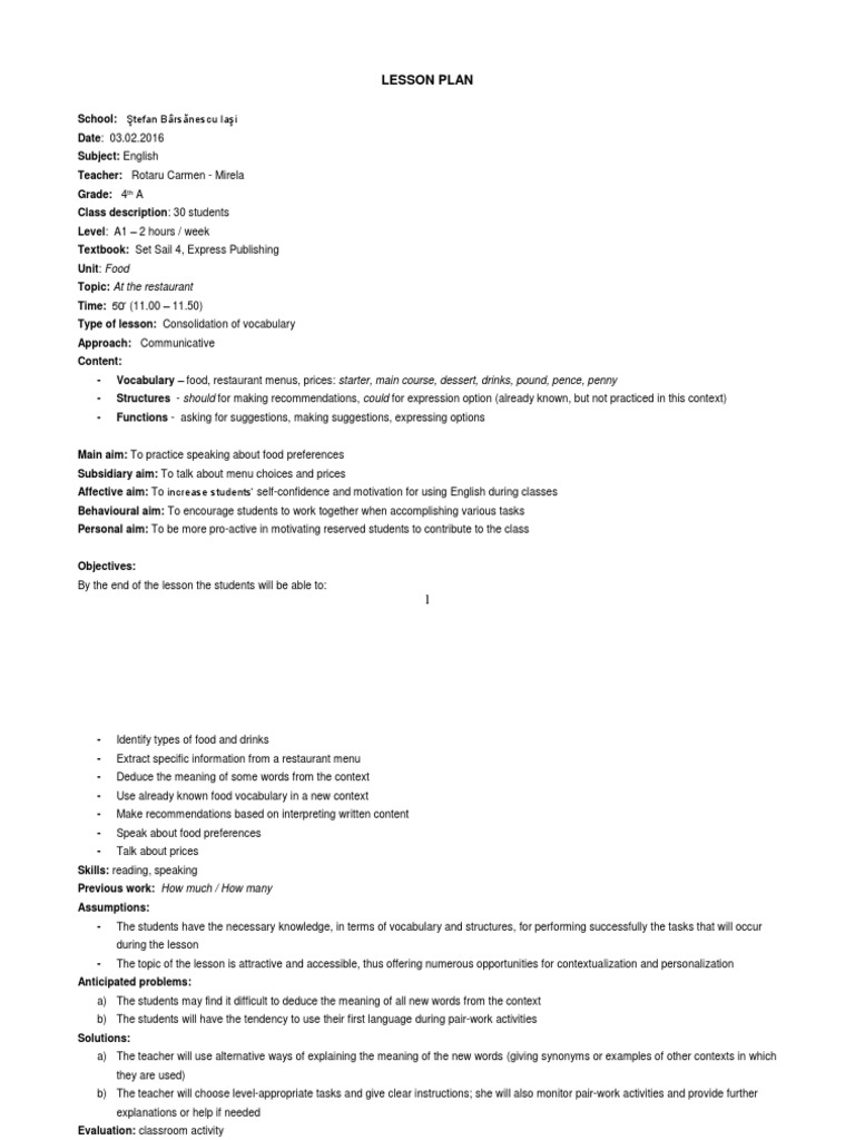 Grade 4 Food Lesson Plan: Restaurant Menu | PDF | Menu | Lesson Plan