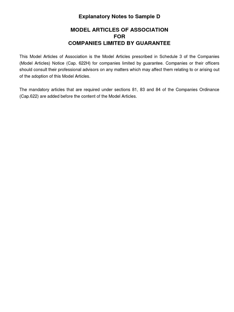 Explanatory Notes To Sample D Model Articles of Association FOR ...