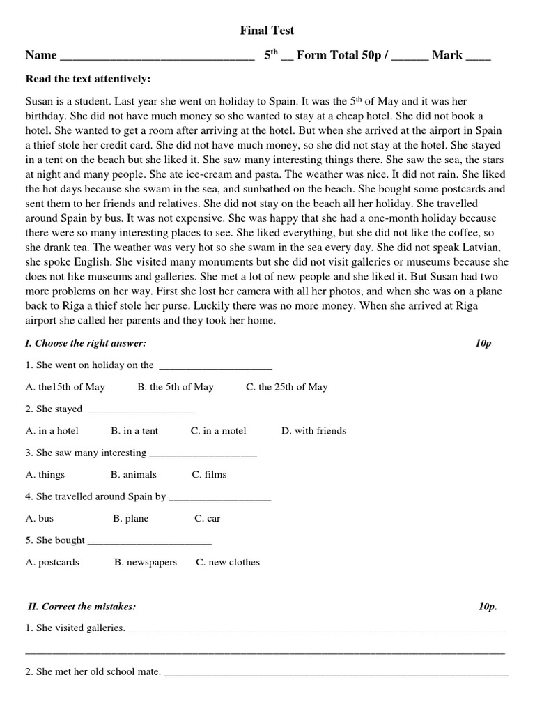Susan's Holiday Adventure Test | PDF
