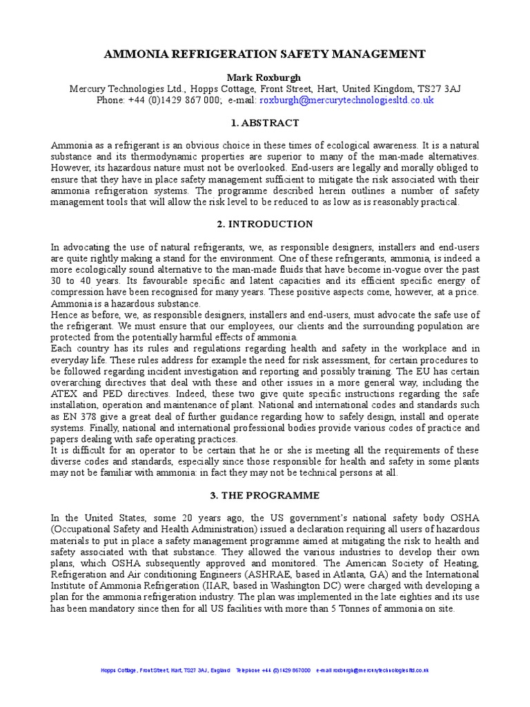 Ammonia Refrigeration Safety Management: Mark Roxburgh | PDF | Safety ...