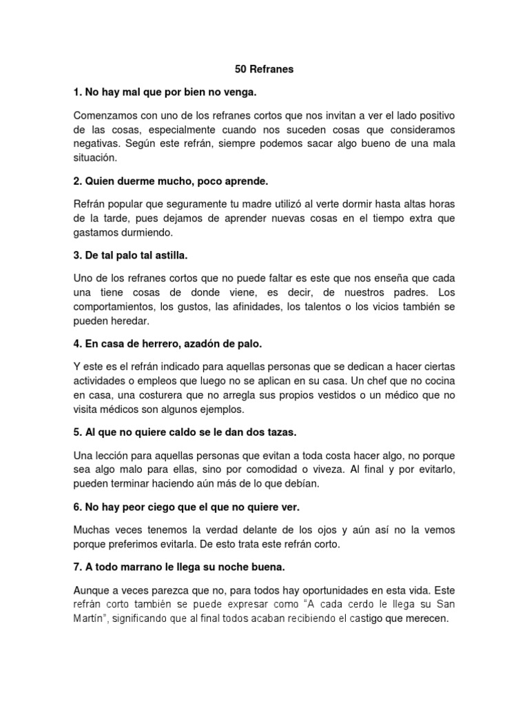 50 Refranes Cortos y sus Significados | PDF | Humor | Proverbio