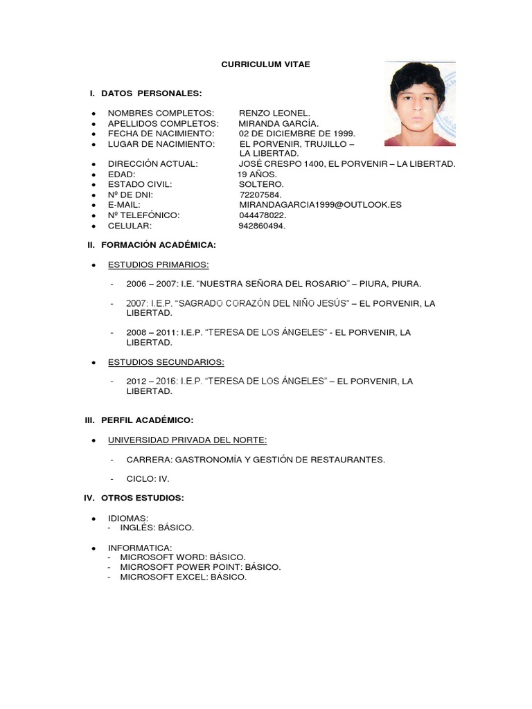 Curriculum Vitae - Miranda García, Renzo Leonel | PDF | Ciencias sociales