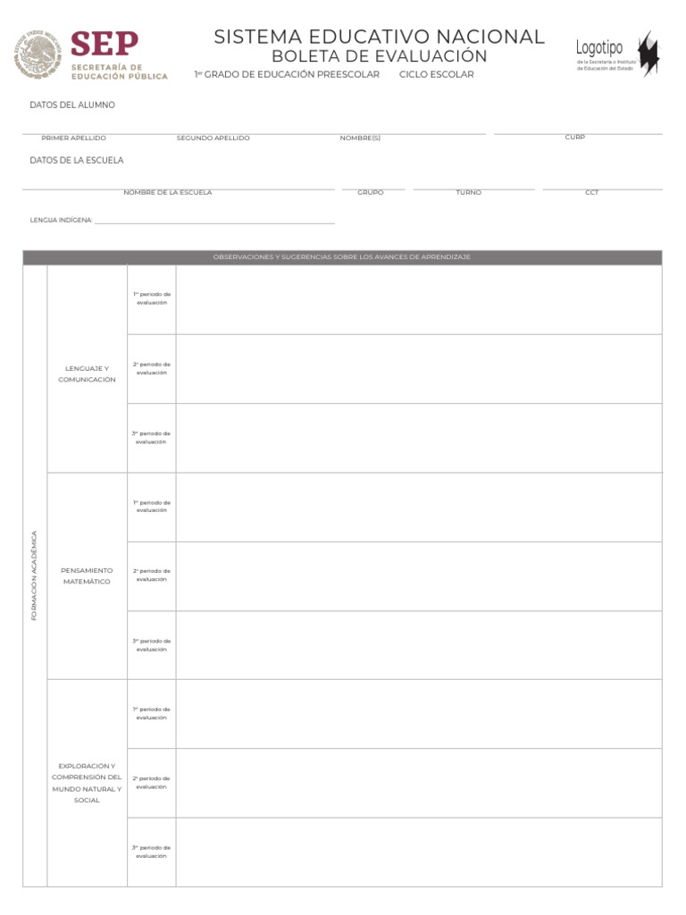 1° Boleta Preescolar | PDF | Educación de la primera infancia | Evaluación