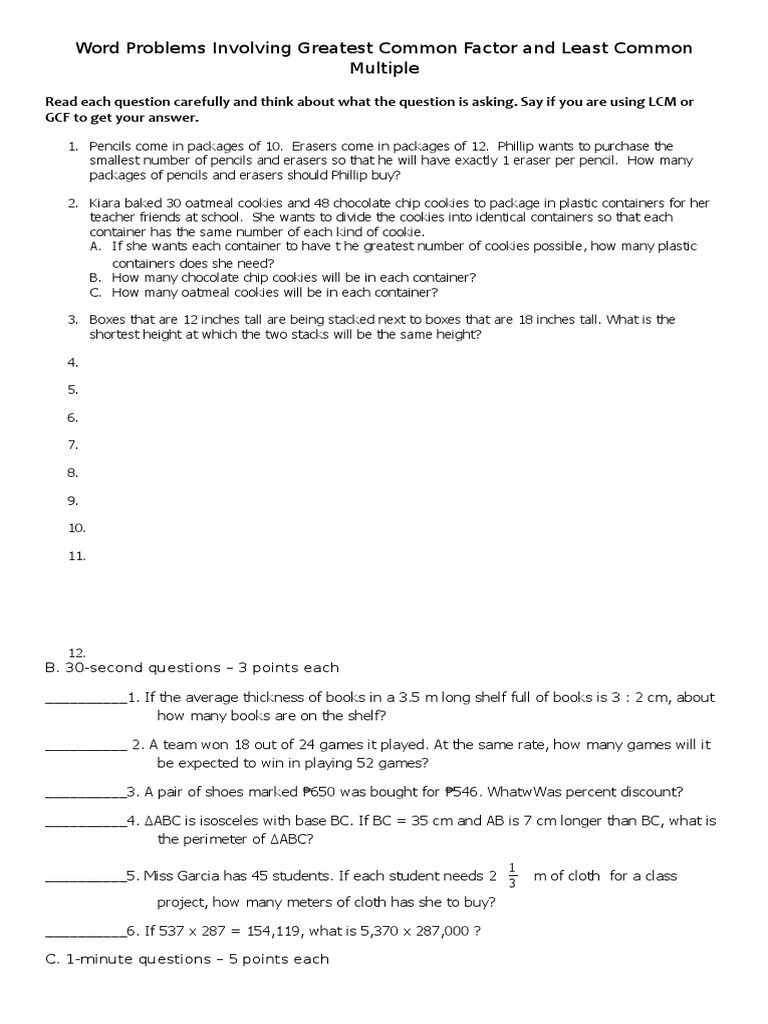 Word Problems Involving Greatest Common Factor and Least Common ...