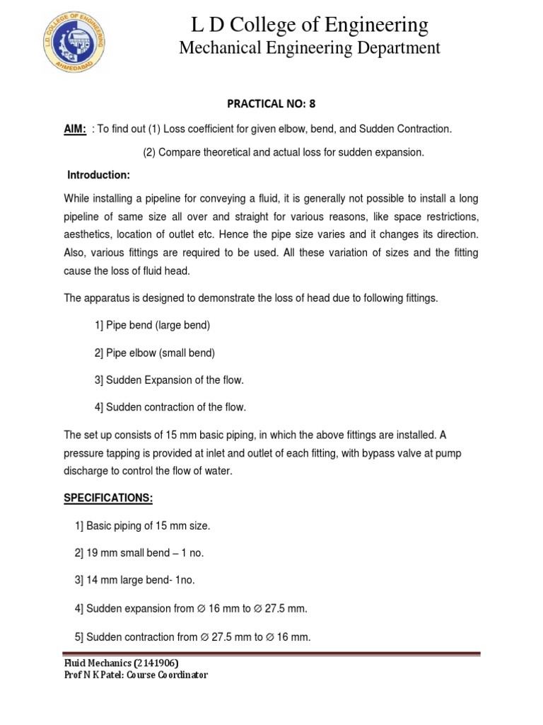 Experiment - 8 - Losses in Pipe | PDF | Fluid Mechanics | Pressure ...