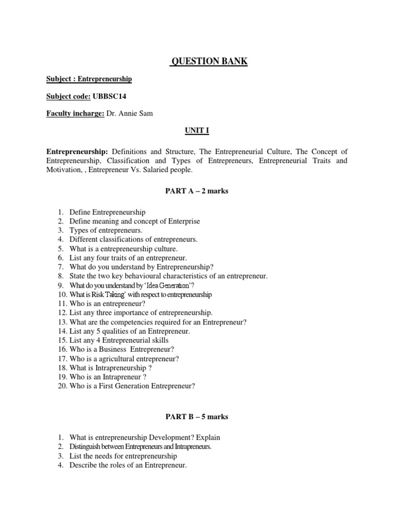 Entrepreneurship - III Bba - Question Bank | PDF | Entrepreneurship ...