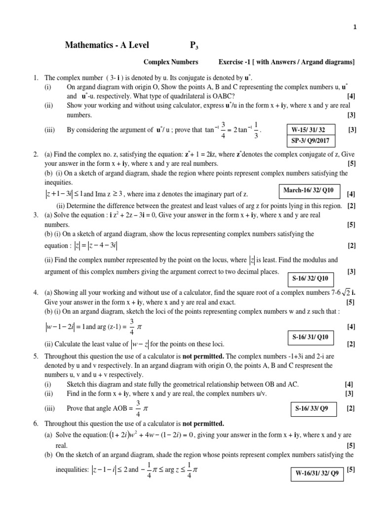 p3 Complex Numbers Exercise1 With Answers Argand Diagrams | PDF ...