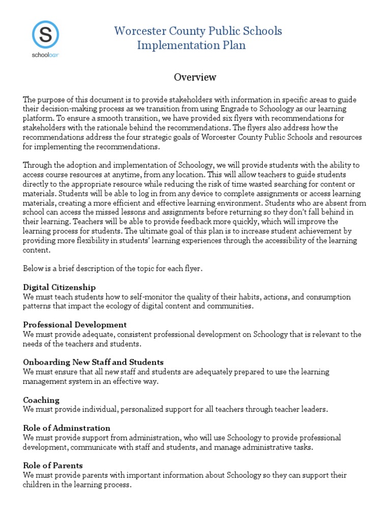 Schoology Implementation Plan | PDF | Teachers | Goal