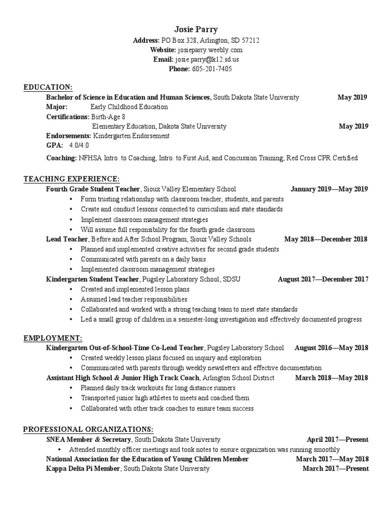 Job Application Resume - Josie Parry | PDF | Teachers | Classroom ...