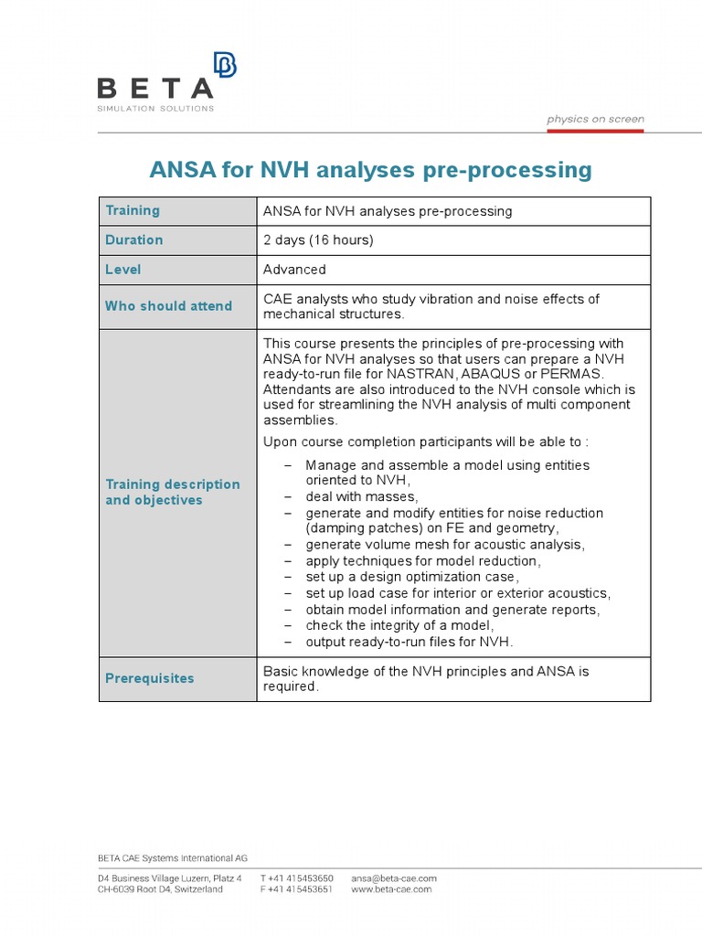 ANSA For NVH Analyses Pre-Processing: Training Duration Level Who ...