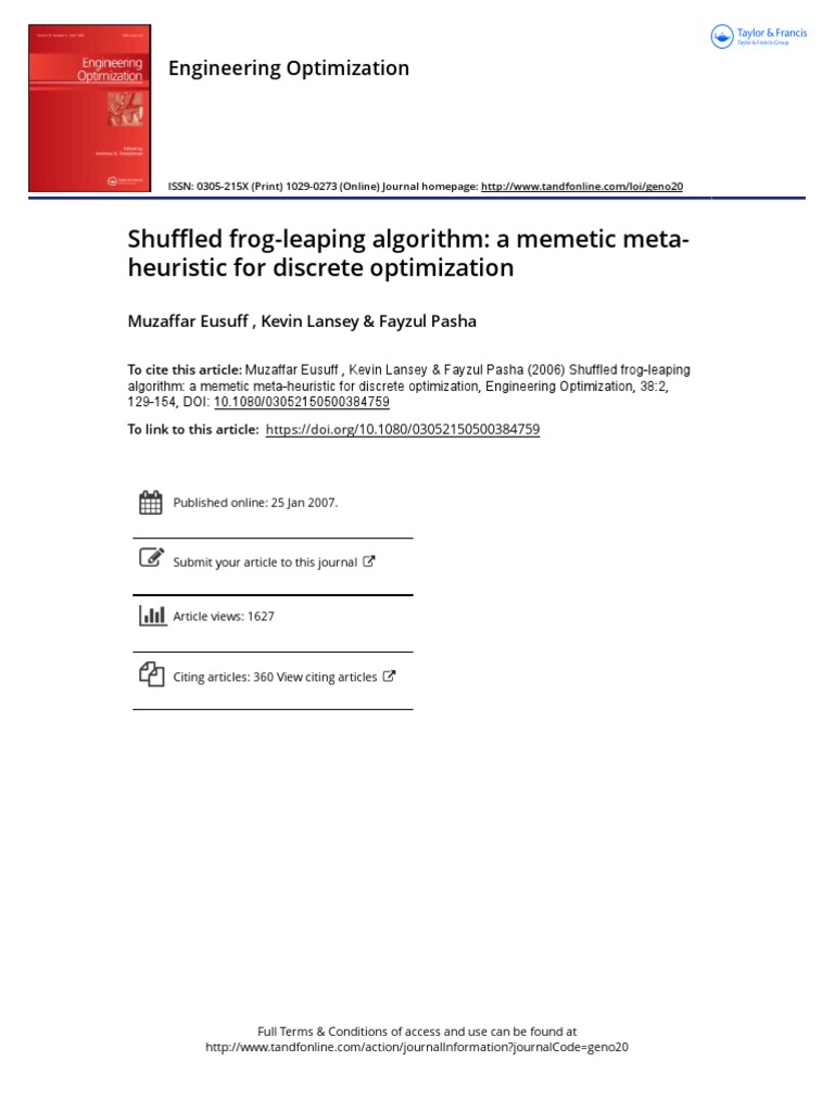 Shuffled Frog Leaping Algorithm A Memetic Meta Heuristic For Discrete ...