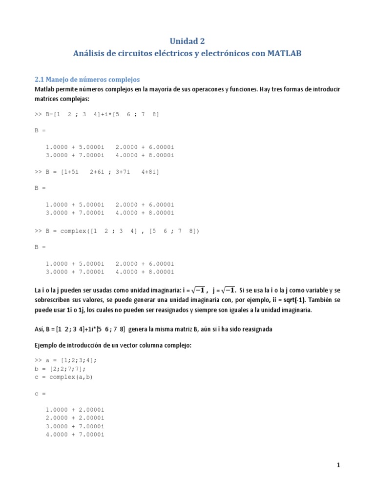 Numeros Complejos en Matlab | PDF | Número complejo | Matriz (Matemáticas)