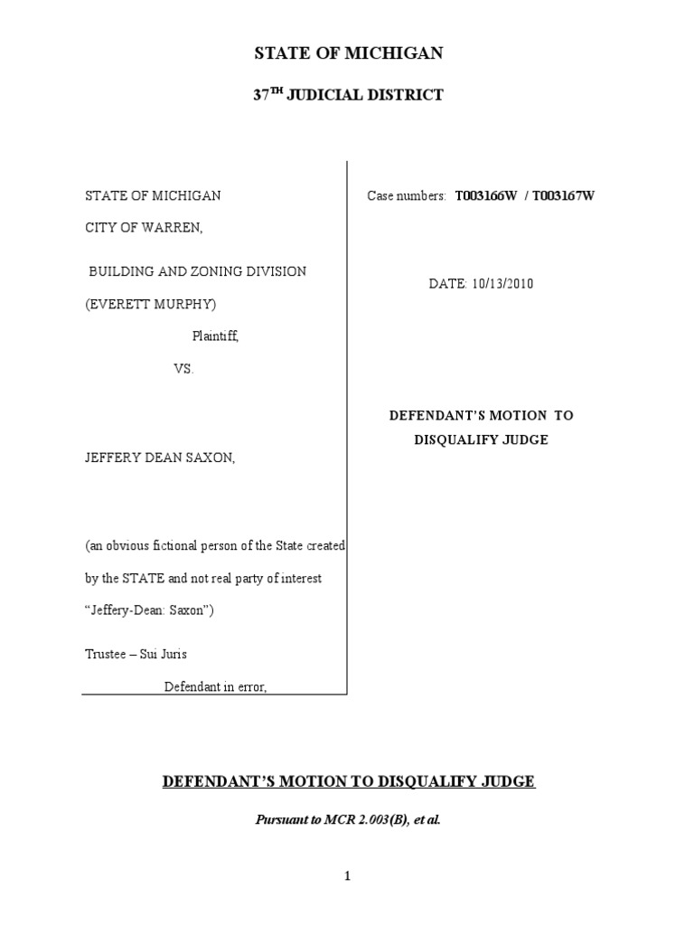 Defendant's Motion To Disqualify Judge (10-14-2010) | PDF | Trials | Courts Defendant's Motion To Disqualify Judge (10-14-2010) | PDF | Trials | Courts