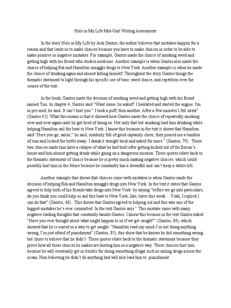 Hole in My Life Mid-Unit Writing Assessment | PDF