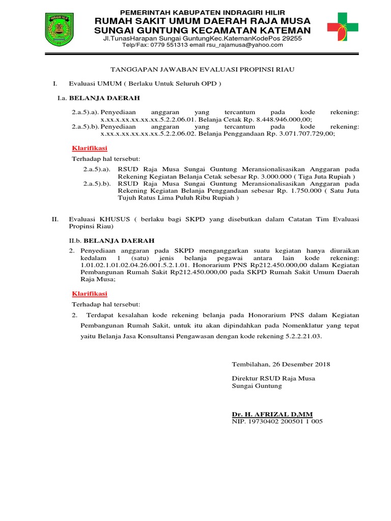 Rsud Raja Musa, Jawaban Evaluasi Propinsi Rapbd Ta. 2019 | PDF