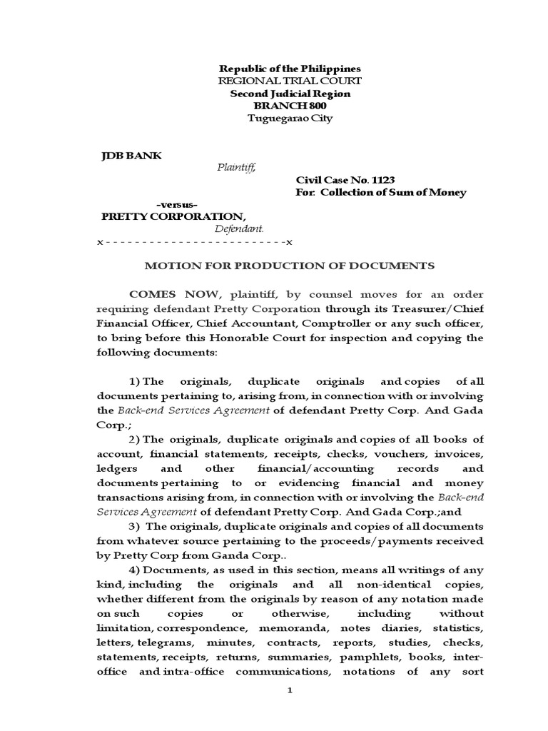 Motion For Production of Documents | PDF | Lawsuit | Virtue