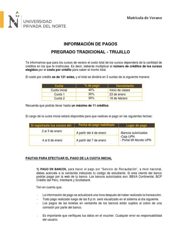 Matrícula de Verano - Pago de Cuota Inicial UPN Trujillo | PDF | Visa ...