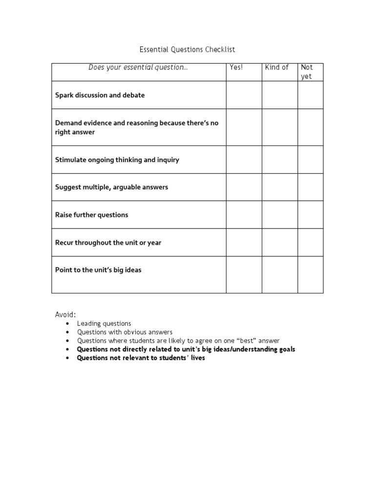 Essential Questions Checklist Guide | PDF
