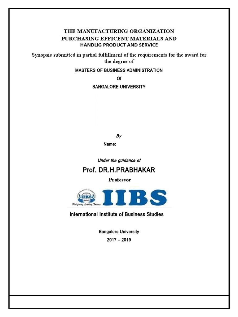 Prof. Dr.H.Prabhakar: Synopsis Submitted in Partial Fulfillment of The ...