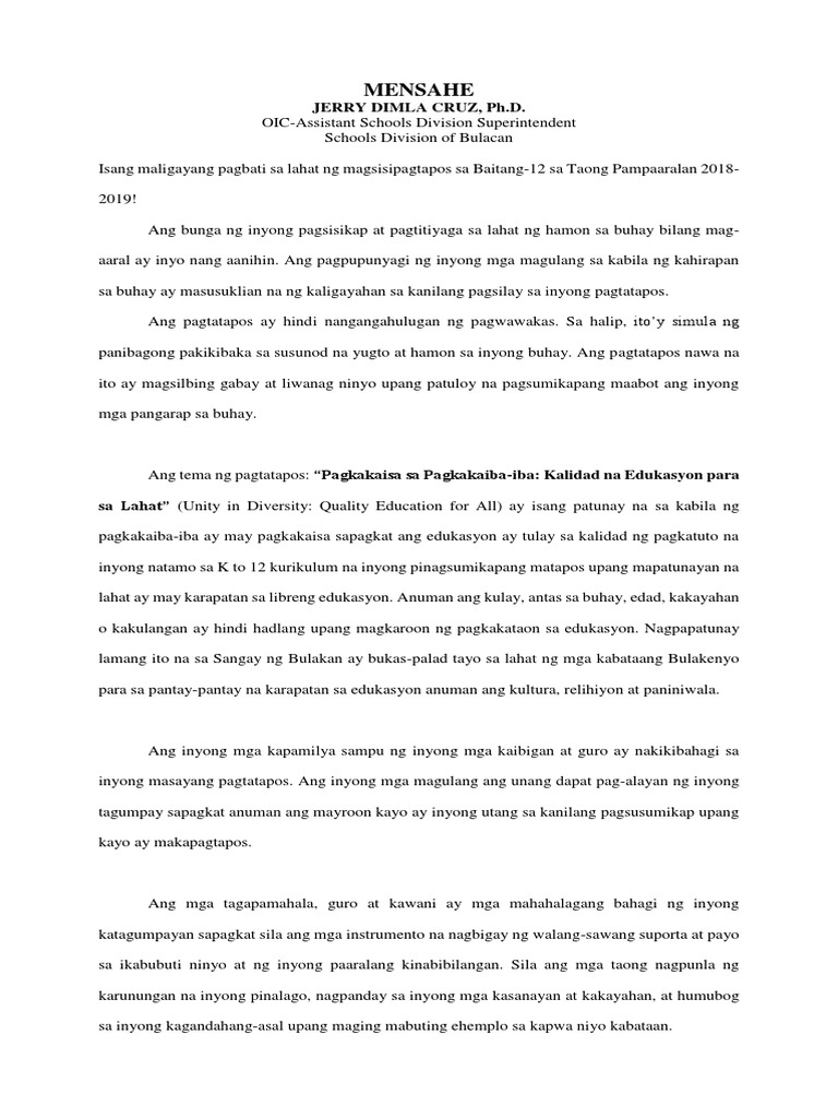 MENSAHE PARA SA PAGTATAPOS NG GRADE 12 OIC ASDS JERRY DIMLA CRUZ PHD | PDF