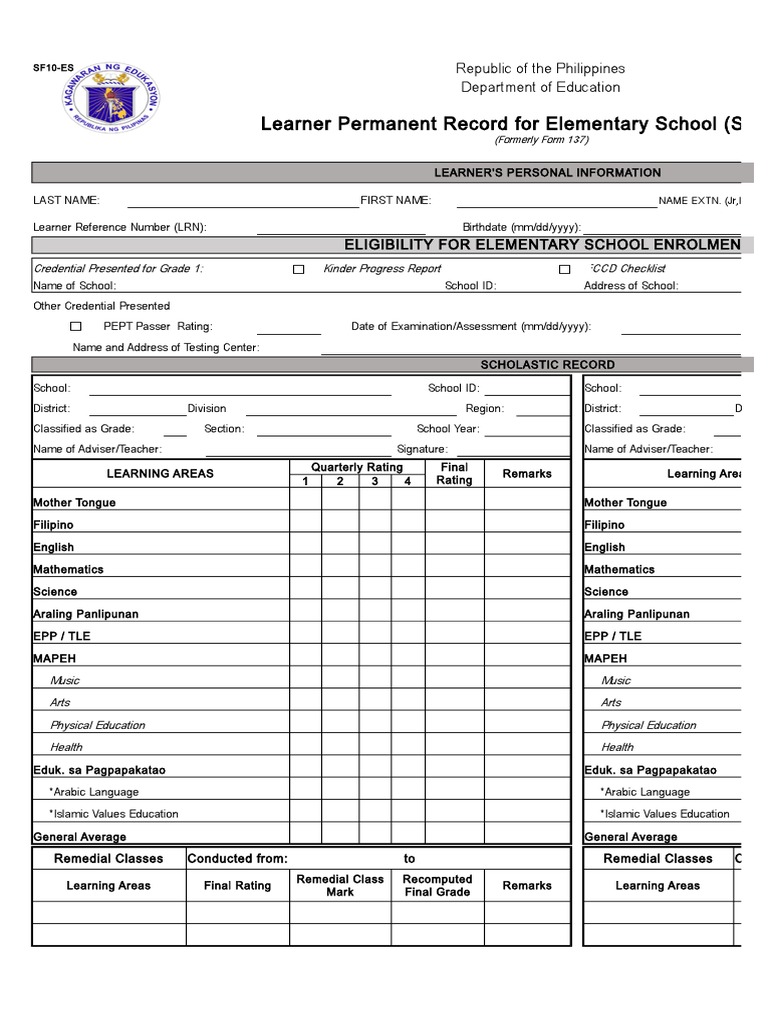 School Form 10 ES Learners Permanent Record | PDF | Physical Education ...