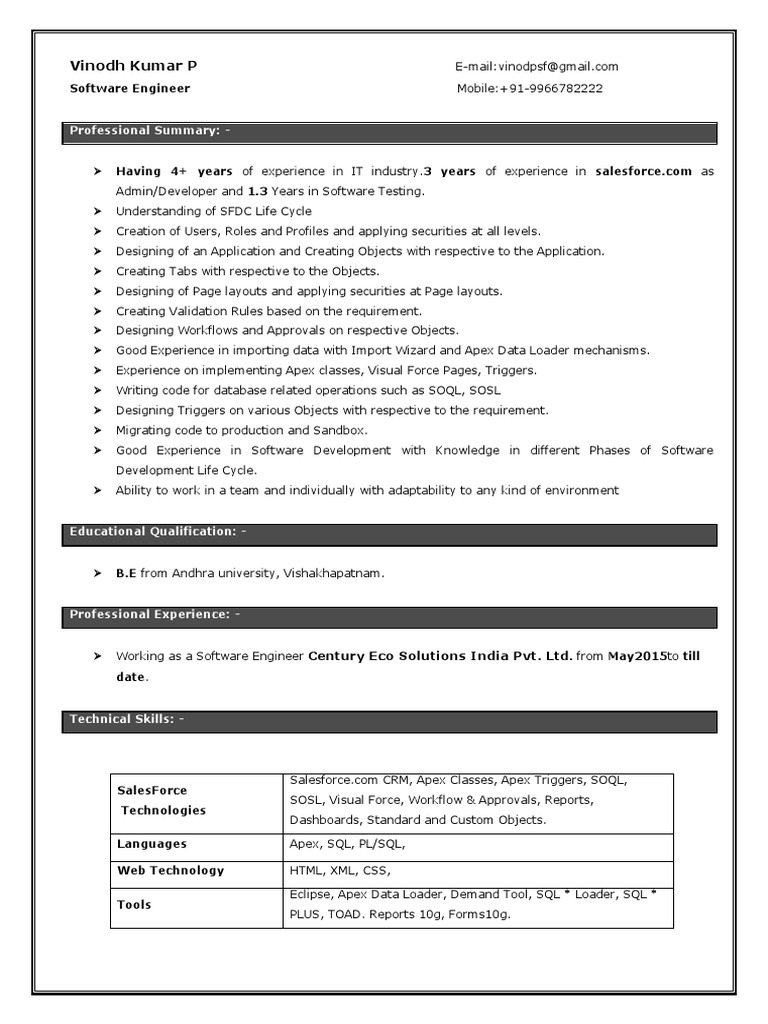 P Vinodh Kumar SFDC Resume | PDF | Salesforce.Com | Information Technology Management