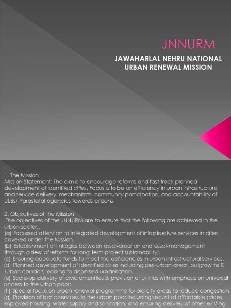 Jawaharlal Nehru National Urban Renewal Mission | PDF | Slum | City