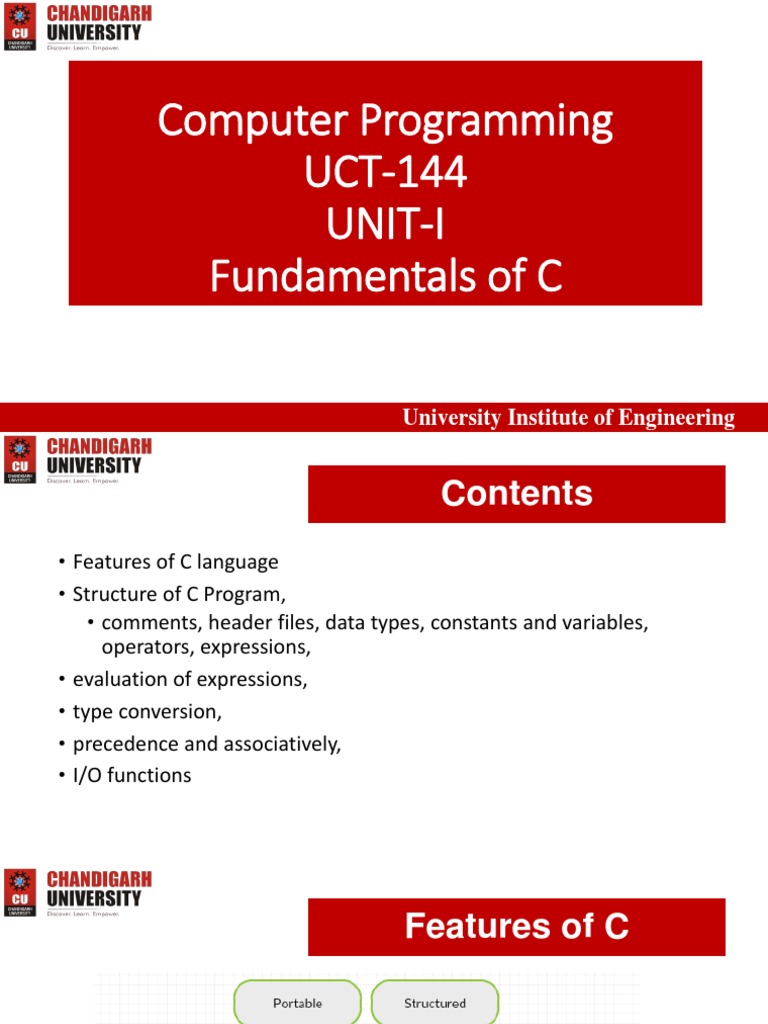 Computer Programming UCT-144 Unit-I Fundamentals of C: University Institute of Engineering | PDF ...