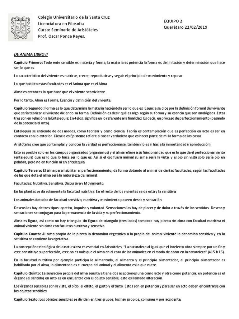 DE ANIMA LIBRO II Sintesis | PDF | Sabor | Alma