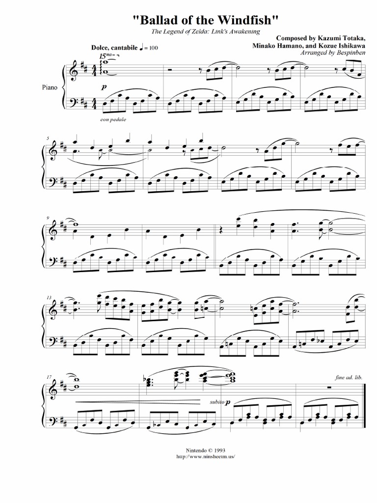 Zelda Ballad of The Windfish For Piano | PDF