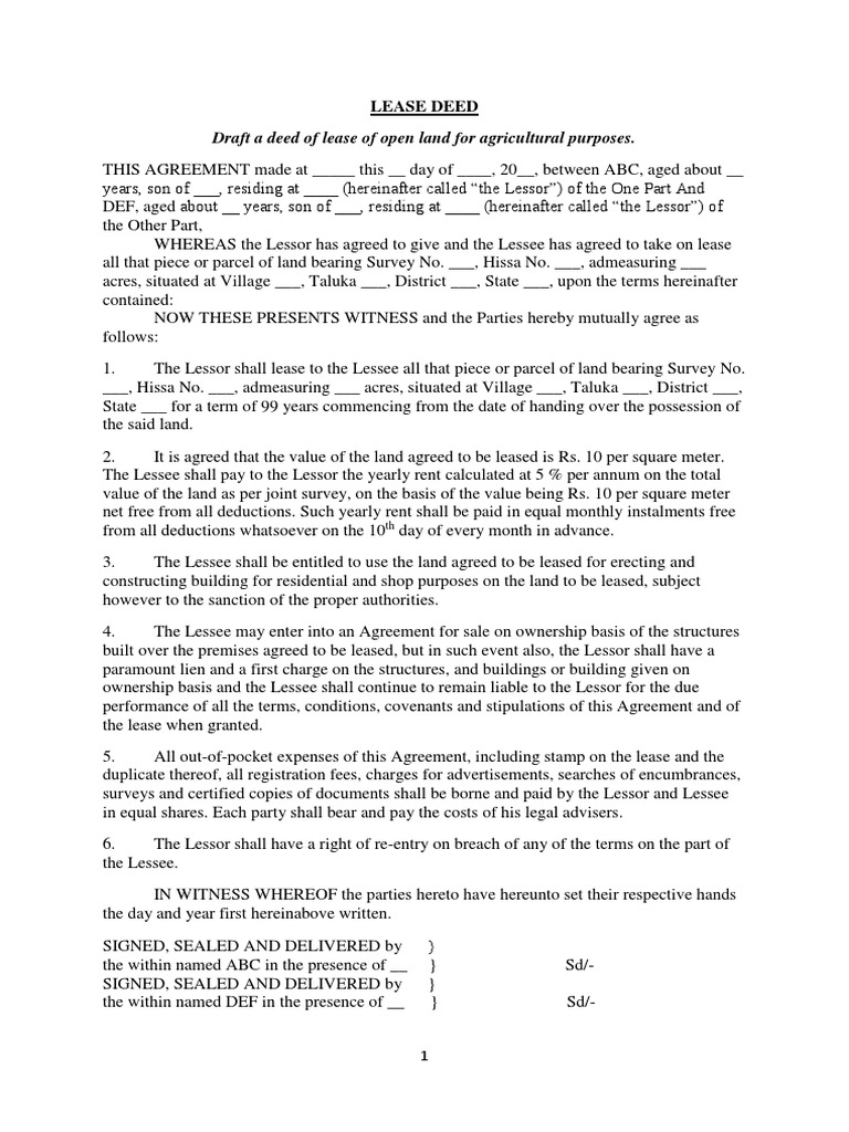 Draft A Deed of Lease of Open Land For Agricultural Purposes | PDF ...