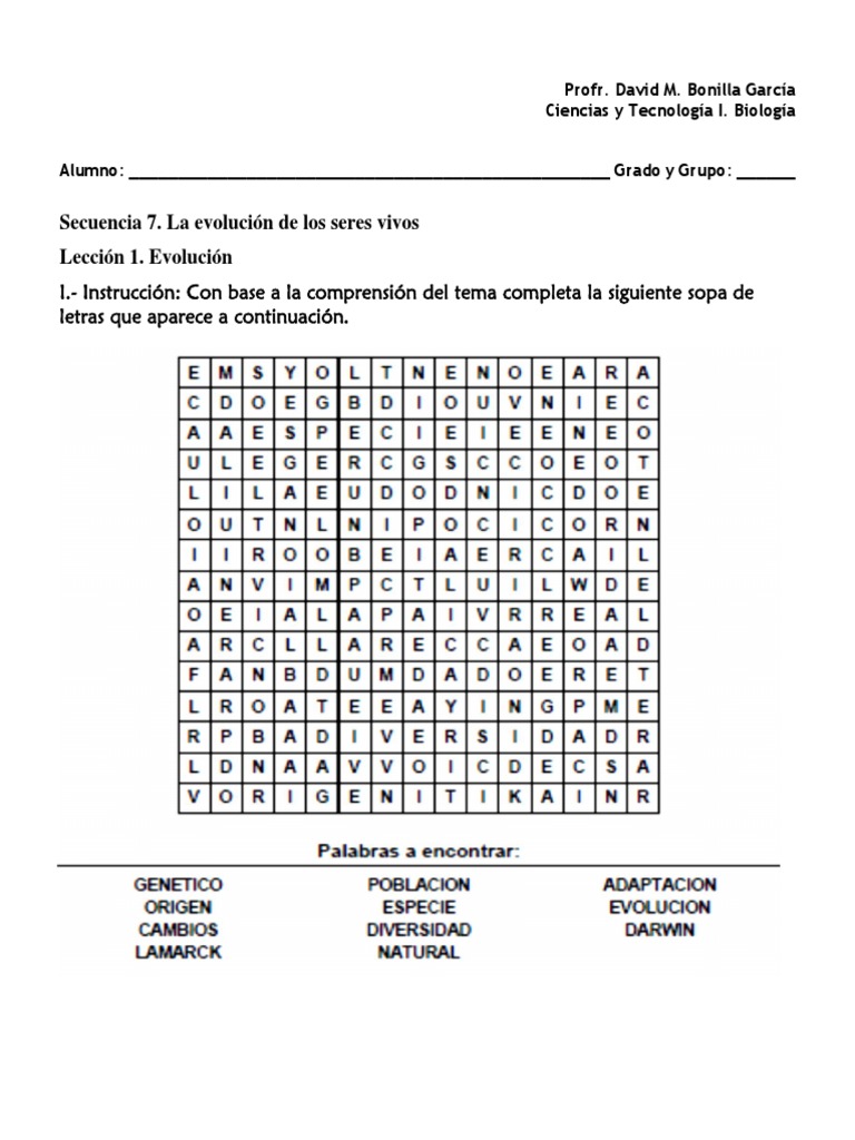 Sopa de Letras Tema Evolución