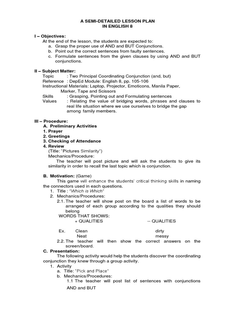 Semi Detailed Lesson Plan Conjunction | PDF | Lesson Plan | Sentence ...