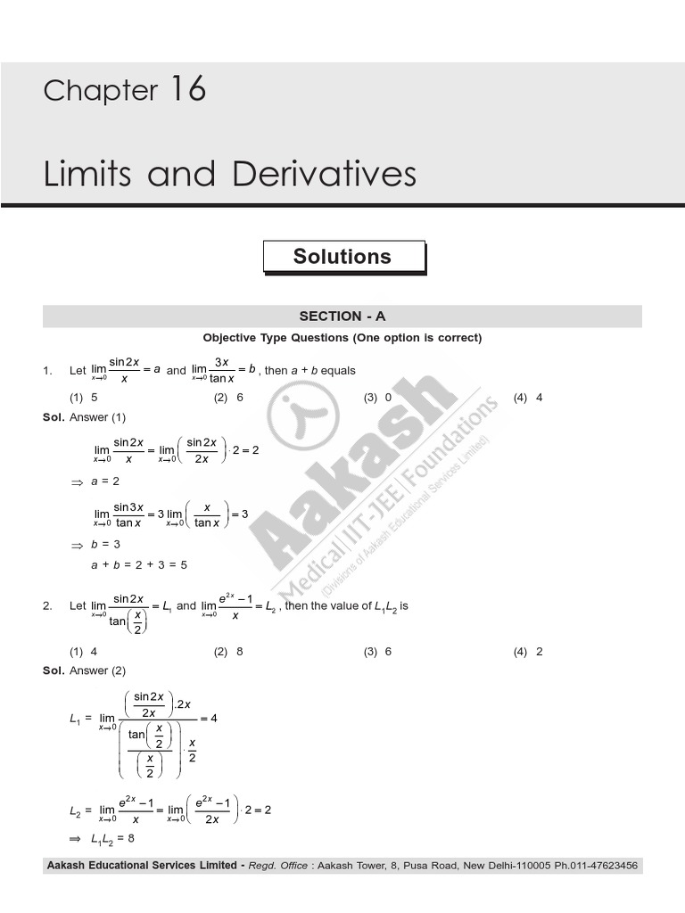 16 Limits and Derivatives: Solutions | PDF | Equations | Teaching ...