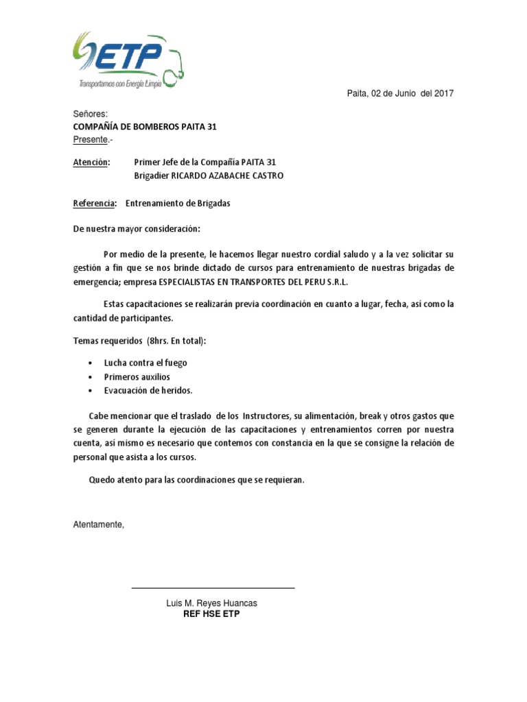 Carta Bomberos PAITA 31 - ETP | PDF | Estudios de idiomas extranjeros | Historia