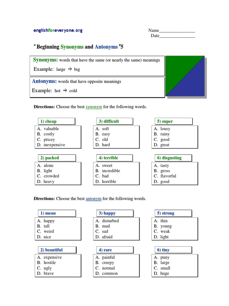 Beginning Synonyms and Antonyms 5 PDF | PDF