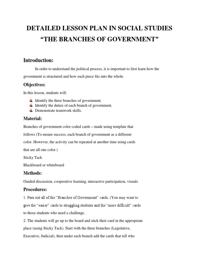 Detailed Lesson Plan in Social Studies "The Branches of Government ...