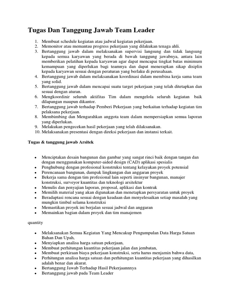 Tugas Dan Tanggung Jawab Team Leader | PDF